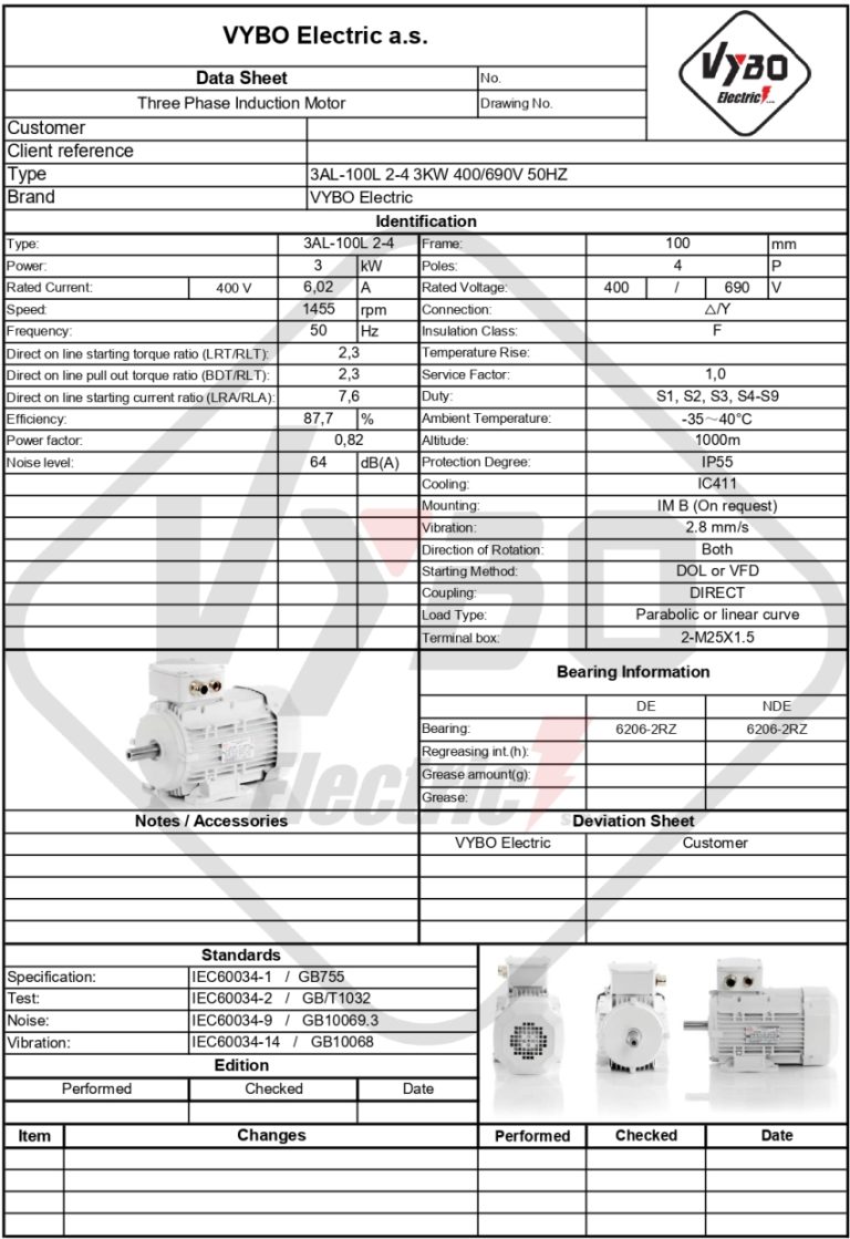 Datenblatt Elektromotor 3AL100L2-4, 3kW, 400V - Vyboelectric.de