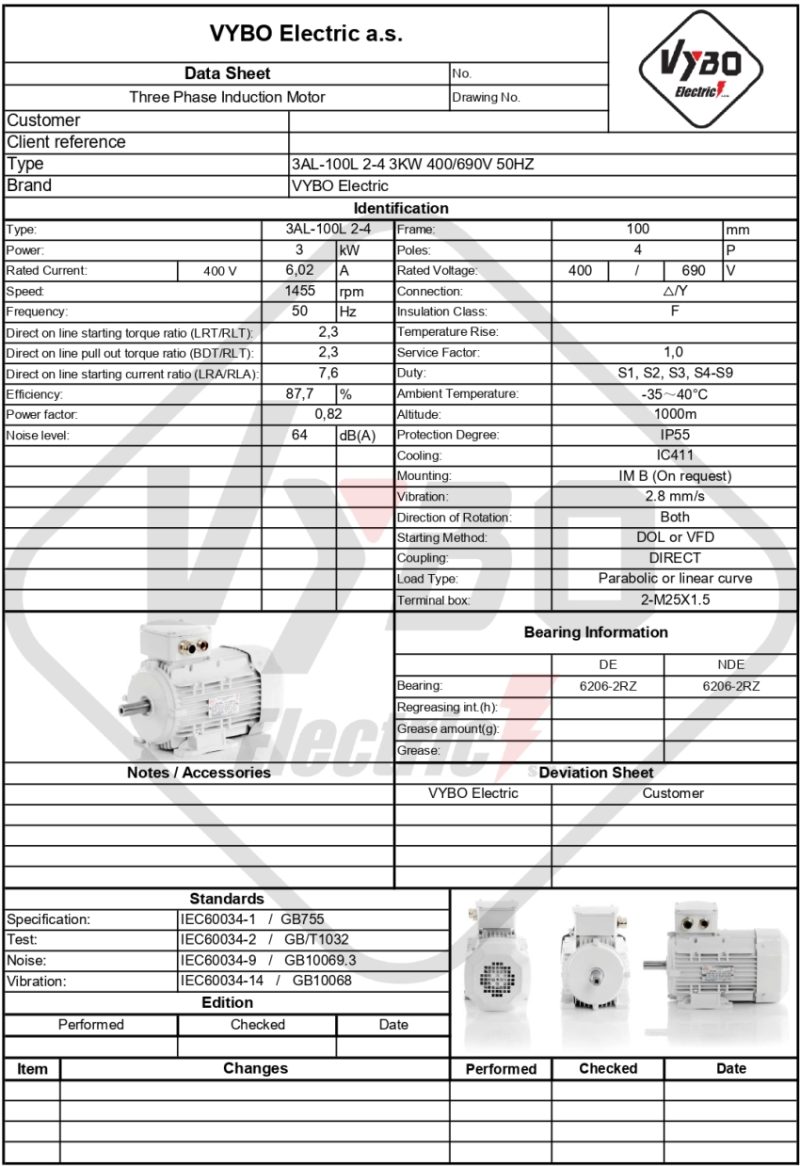 Datenblatt Elektromotor 3AL100L2-4, 3kW, 400V - Vyboelectric.de