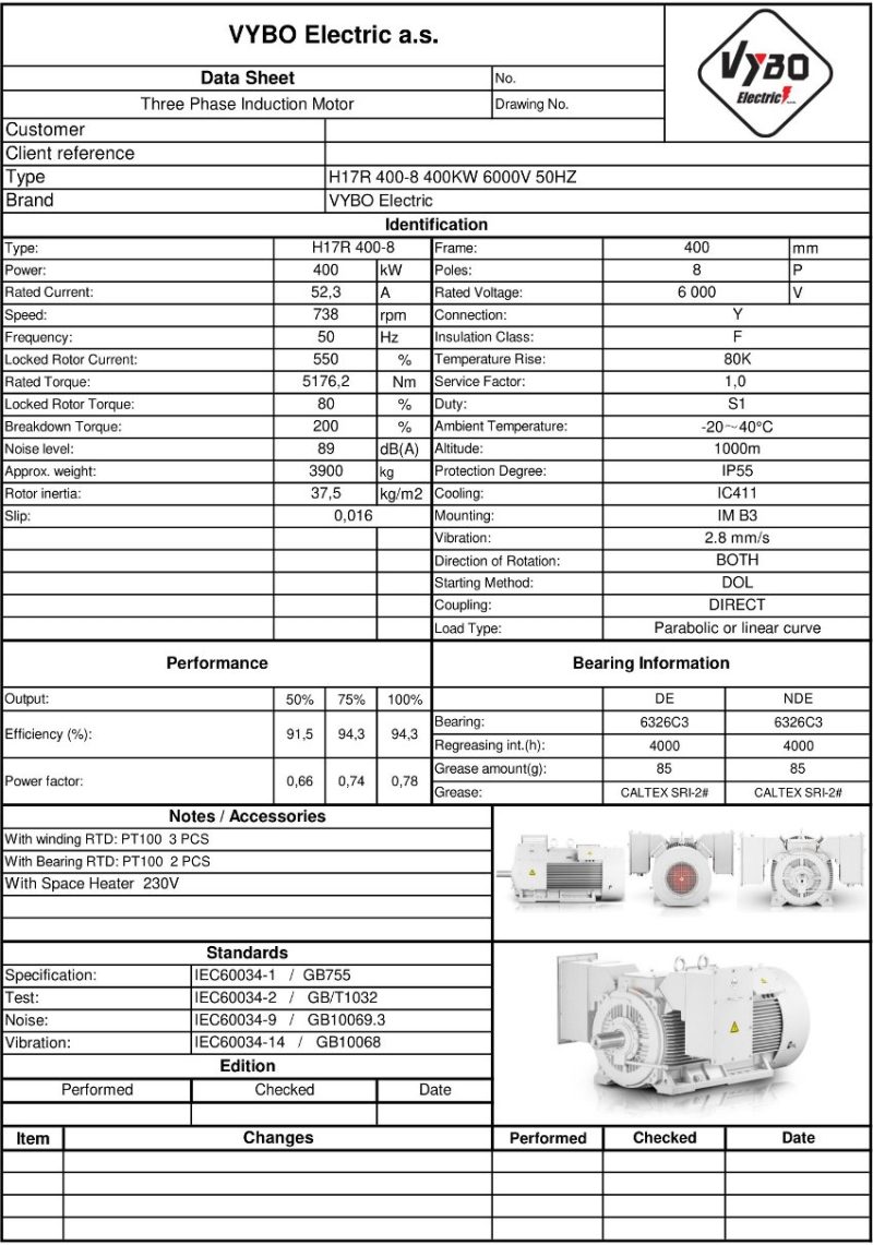 Datenblatt Elektromotor H17R400-8, 400kW, 6000V - Vyboelectric.de